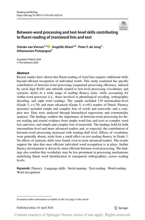 Pdf Between Word Processing And Text Level Skills Contributing To Fluent Reading Of Nonword