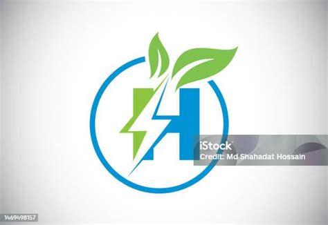 초기 H 문자 벼락 잎 원 또는 에코 에너지 절약 아이콘입니다 나뭇잎과 벼락 아이콘 개념 자연 전원 전기 로고 개념에 대한 스톡