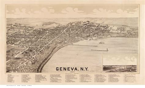 Geneva New York 1893 Birds Eye View Old Map Reprint Old Maps