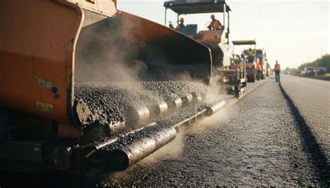 Road Paving Machine Laying Asphalt During Early Morning Shows Infrastructure Renewal And