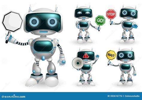 Robotic Characters Vector Set Design Robot Characters In Standing Pose And Waving Gesture