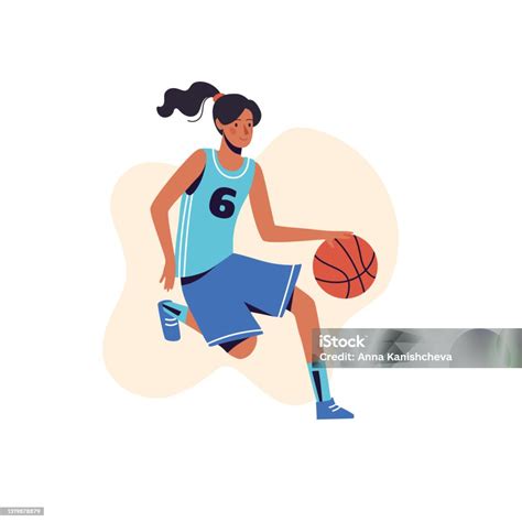 공을 걷어 차는 소녀와 평평한 스타일로 일러스트 여자는 농구를 한다 흰색 배경에서 격리된 벡터 그림입니다 농구 팀 스포츠에 대한 스톡 벡터 아트 및 기타 이미지 Istock