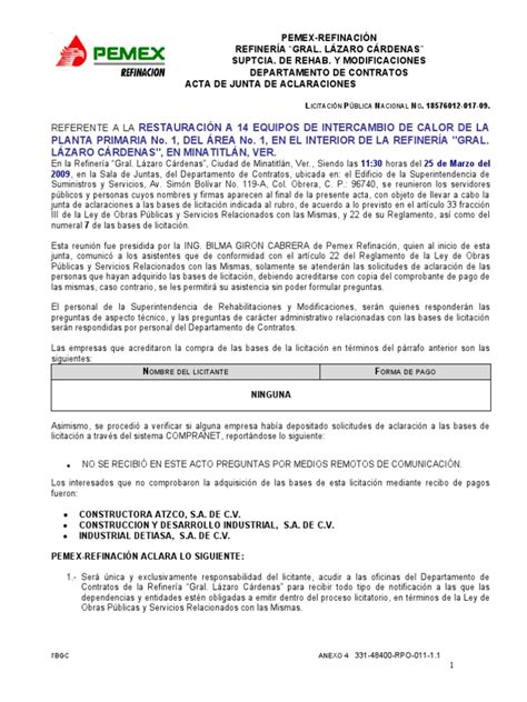 Acta De Aclaraciones Licitación Pemex 18576012 Pdf Gobierno