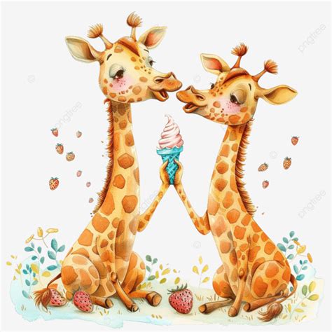 The Happy Couple Of Giraffe Is Eating The Ice Cream Together In The