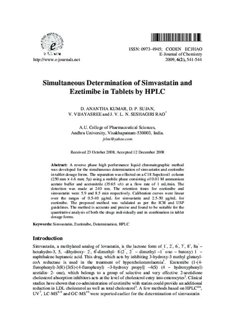 Pdf Simultaneous Determination Of Simvastatin And Ezetimibe In Tablets By Hplc