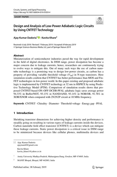 PDF Design And Analysis Of Low Power Adiabatic Logic Circuits By Using CNTFET Technology