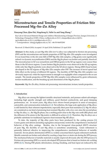 Pdf Microstructure And Tensile Properties Of Friction Stir Processed Mg Sn Zn Alloy