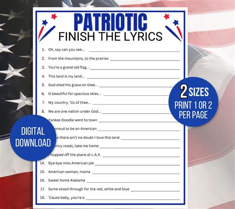 Patriotic Finish The Lyrics 4th Of July Party Game Fun Patriotic Game