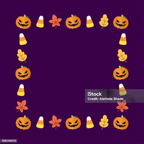 귀여운 할로윈 카드 템플릿입니다 사각형 할로윈 프레임 테두리 디자인에는 만화 잭 오 랜턴 호박 사탕 옥수수가 있습니다 소셜 미디어 배너 포스트 벡터 그림입니다 10월에 대한