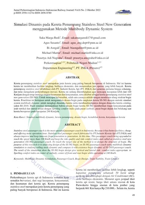 Pdf Simulasi Dinamis Pada Kereta Penumpang Stainless Steel New Generation Menggunakan Metode