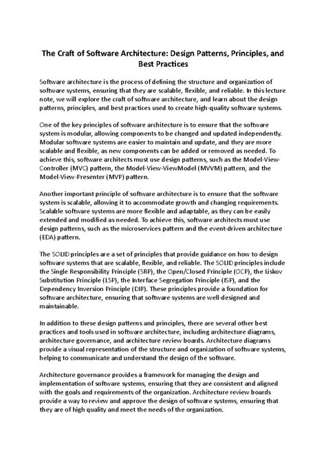 The Craft Of Software Architecture Design Patterns Principles And Best Practices The Craft