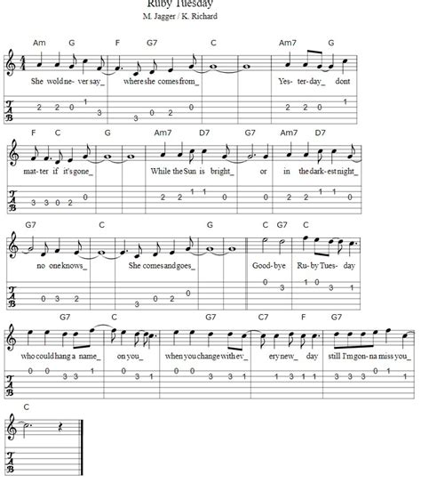 The Rolling Stones Guitar And Mandolin Tab For Ruby Tuesday Tenor