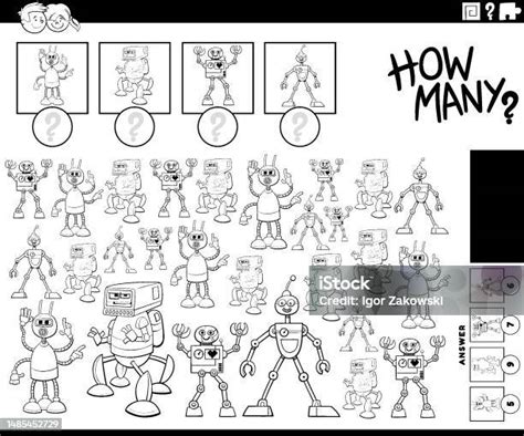 จํานวนหุ่นยนต์การ์ตูนที่นับหน้าระบายสีกิจกรรม ภาพประกอบสต็อก ดาวน์โหลดรูปภาพตอนนี้ กระดาษ