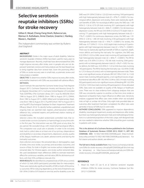 Pdf Selective Serotonin Reuptake Inhibitors Ssris For Stroke Recovery