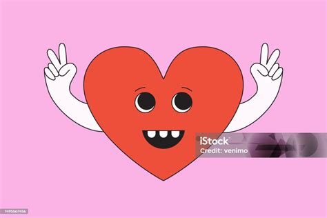 벡터 만화 얼굴 추상 디자인 마스코트 Y2k 스티커 및 배지 행복하고 화난 표정 스티커 및 아이콘 사랑 개념 손과 발이 있는 하트 개념 기호에 대한 스톡 벡터 아트 및 기타