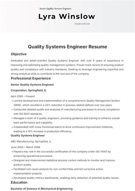 Free Quality Systems Engineer Resume Template To Edit Online