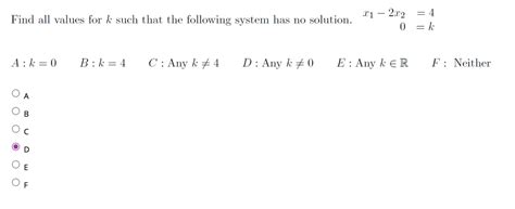 solved find all values for k such that the following system