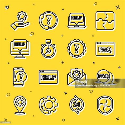 회선 방패 Faq가 있는 말풍선 브라우저 노트북 및 도움말 스톱워치 컴퓨터 모니터 손의 설정 및 물음표 아이콘을 설정합니다 벡터