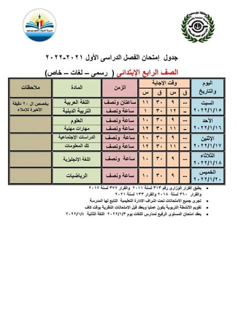 جدول امتحانات الصفوف الرابع والخامس والسادس الابتدائي في بورسعيد منصة