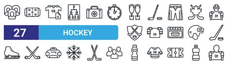 방문자 아이스 코트 상업 하키 스틱 갑옷 그래프 바 음료 모바일 앱 웹 디자인을위한 Bowman 벡터 아이콘과 같은 27 개의 얇은 라인 하키 아이콘 세트 하키에 대한 스톡