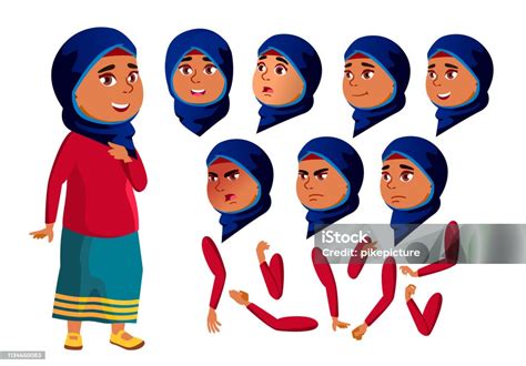 아랍 이슬람 십 대 소녀 벡터입니다 틴 에이저 얼굴 어린이 얼굴 감정 다양 한 제스처 애니메이션 만들기 집합입니다 고립 된 편평한 만화 성격 그림 개체 그룹에 대한 스톡
