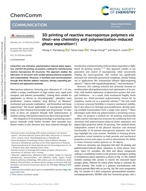 Pdf 3d Printing Of Reactive Macroporous Polymers Via Thiol Ene Chemistry And Polymerization