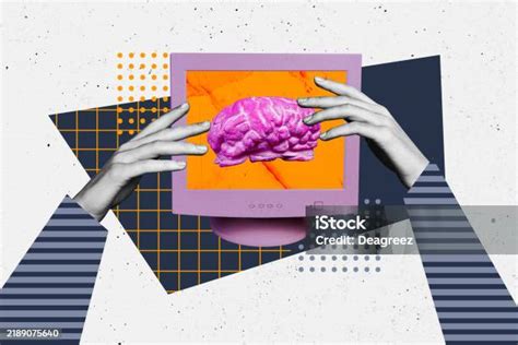 복합 스케치 이미지 디자인 트렌드 아트 워크 콜라주 시크릿 손 터치 홀드 모니터 복고풍의 빈티지 컴퓨터 뇌 크리에이 티브 생각 뇌에 대한 스톡 사진 및 기타 이미지 Istock