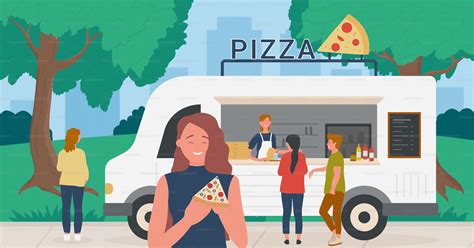 여름 공원에 있는 피자 거리 시장 푸드 트럭 밴과 사람들은 패스트푸드 벡터 일러스트레이션을 먹는다 만화 젊은 행복한 여자 캐릭터가 모바일 카페 레스토랑 배경 근처에서 피자