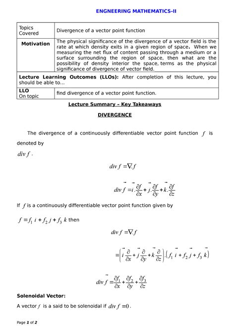 Divergence Of A Vector Point Function Engneering Mathematics Ii Topics Covered Divergence Of A