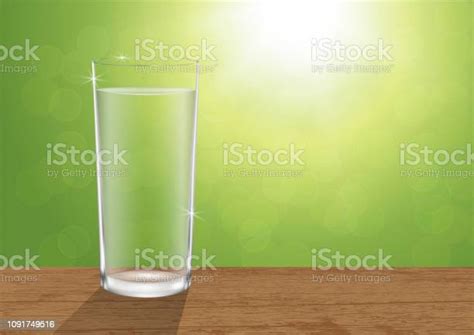 현실적인 유리 나무 테이블 흐린된 녹색 Bokeh 배경 벡터 일러스트 레이 션에 물 3d 3차원 형태에 대한 스톡 벡터 아트 및 기타 이미지 3차원 형태 개념 건강