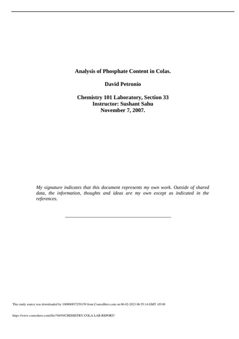 Summary Chem2032a Laba3 The Determination Of Phosphate In Cola Using An Absorption