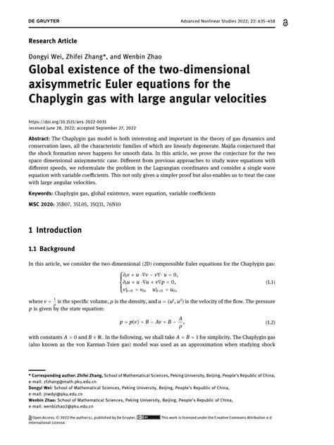 Pdf Global Existence Of The Two Dimensional Axisymmetric Euler Equations For The Chaplygin Gas