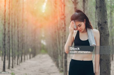 아시아 여자 소진 또는 심장 러너 마라톤 에너지 건강 한 라이프 스타일 실행 아침에 가문비나무 숲 자연에서 훈련 운동 후 피곤 가문비나무에 대한 스톡 사진 및 기타 이미지