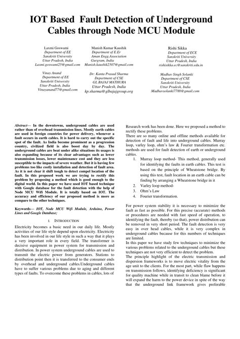Pdf Iot Based Fault Detection Of Underground Cables Through Node Mcu