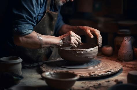 Premium Ai Image Handcrafted Pottery Workshop Artisan Fingers Working With Wet Clay Pot