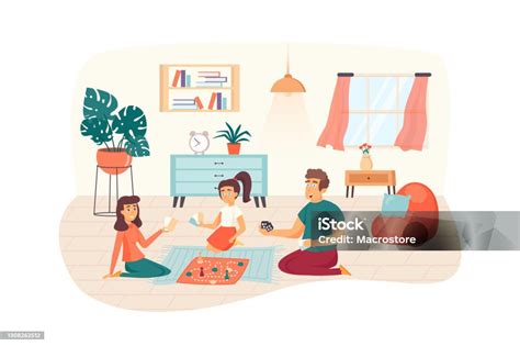 가정 현장에서 보드 게임을하는 가족 엄마 아빠와 딸은 바닥에 앉아서 함께 시간을 보냅니다 부모 어린이 엔터테인먼트 개념 평면 디자인의 사람 캐릭터의 벡터 그림 Tv 보기에
