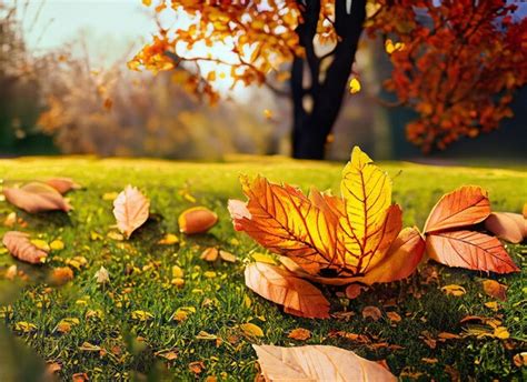 Premium Ai Image Autumn Leaves Falling In The Grass