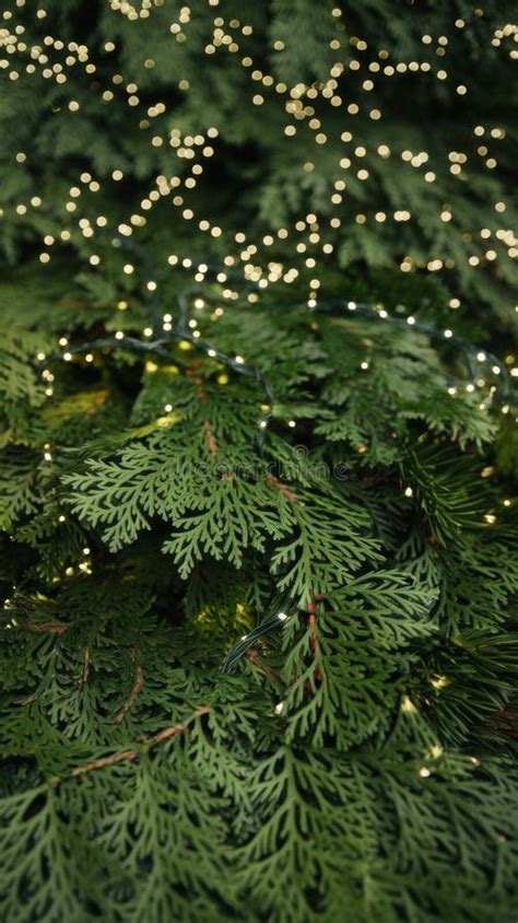 Festive Pine Tree Close Up With Warm Twinkle Lights And Fresh Pine Branches Stock Illustration
