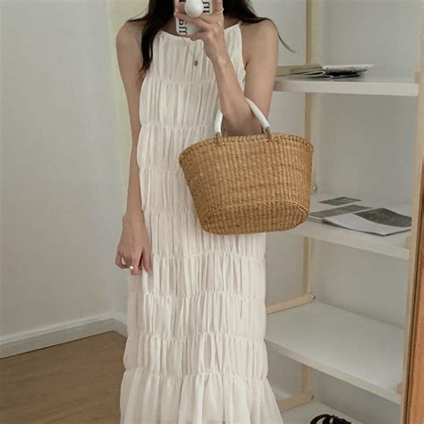 모더라블 쉬폰 셔링 캉캉 원피스 끈나시 주름 프릴 롱원피스 바캉스룩