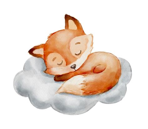Cute Dreaming Fox On Cloud Cartoon Hand Drawn Watercolor Illustration