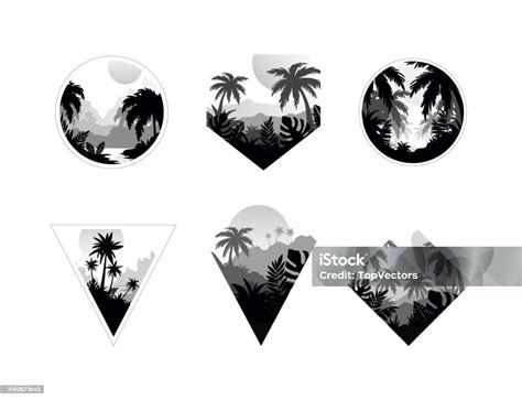 기하학적 모양 벡터 세트에 야자수가 있는 아름다운 열대 산 풍경 0명에 대한 스톡 벡터 아트 및 기타 이미지 0명 개념