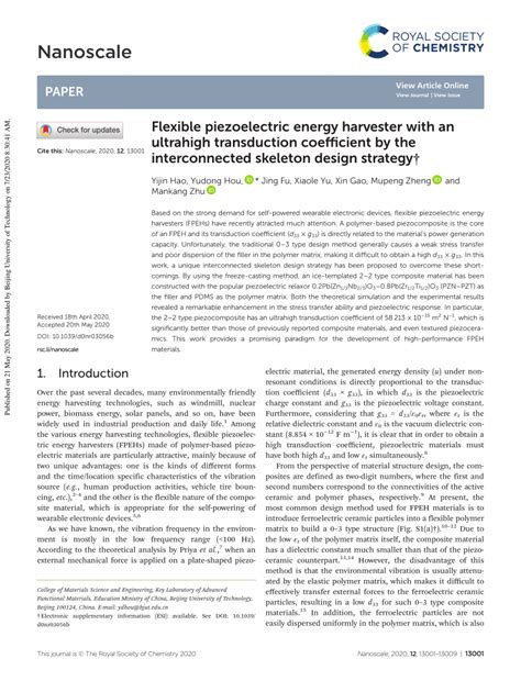 Pdf Flexible Piezoelectric Energy Harvester With Ultrahigh Transduction Coefficient By