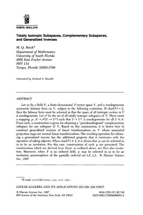 Pdf Totally Isotropic Subspaces Complementary Subspaces And