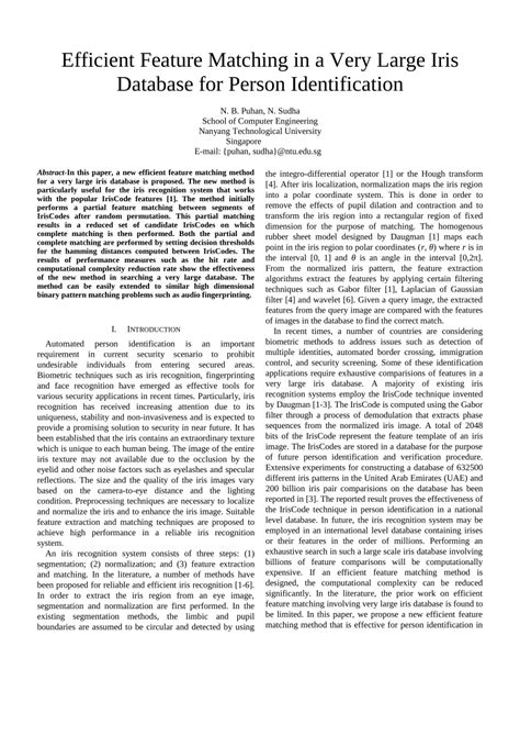 pdf efficient feature matching in a very large iris database for