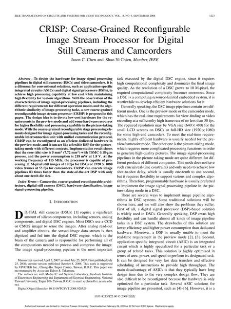 pdf crisp coarse grained reconfigurable image stream processor for digital still cameras and