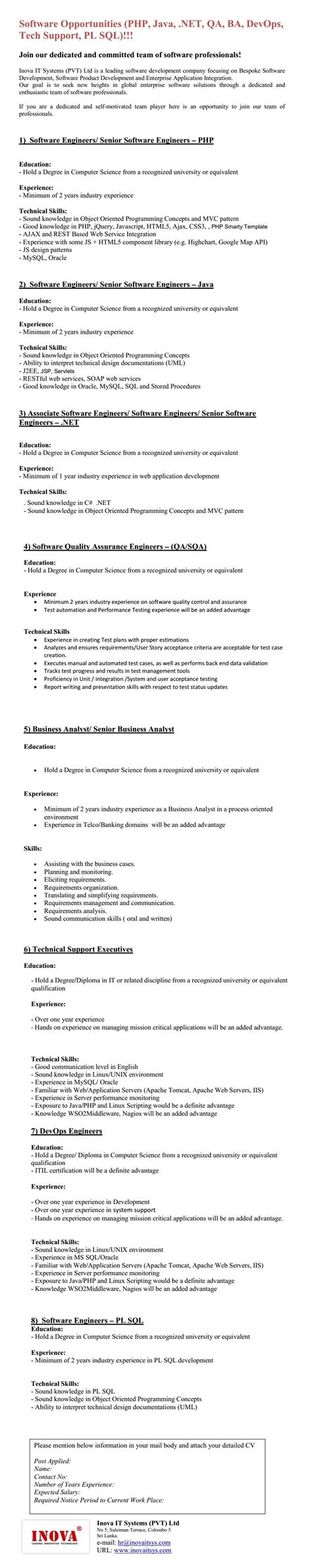 Software Opportunities Php Java Net Qa Ba Devops Tech Support Pl Sql