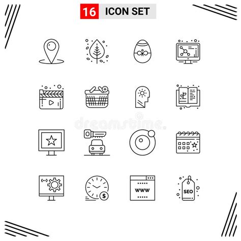 Outline Pack Of 16 Universal Symbols Of Screen Atom Nature Egg Decoration Stock Vector