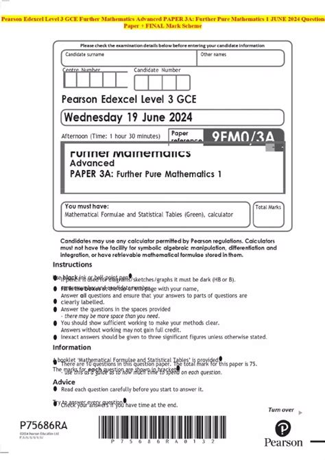 pearson edexcel level 3 gce further mathematics advanced paper 3a