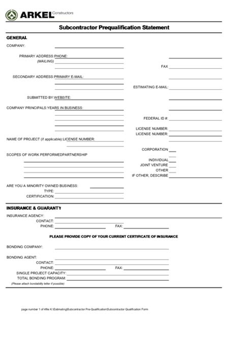 Subcontractor Prequalification Statement Printable Pdf Download