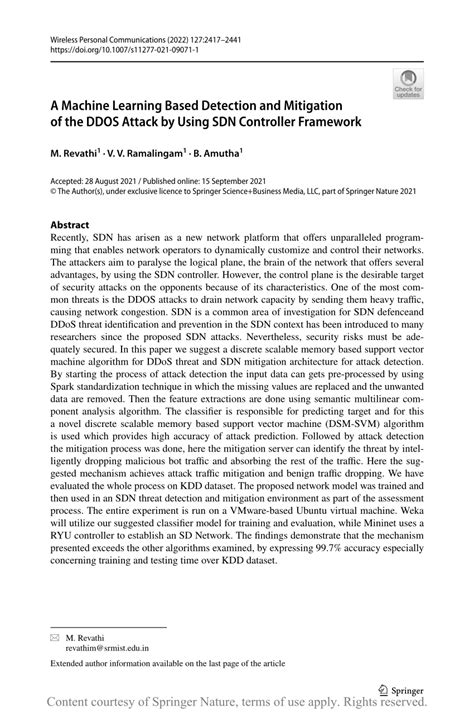 A Machine Learning Based Detection And Mitigation Of The Ddos Attack By
